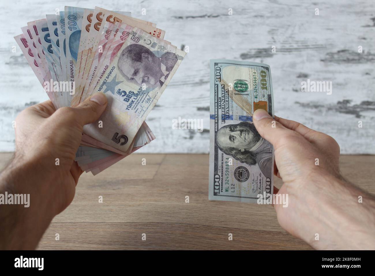 Change money, man holding dollars and turkish liras with his hands ...