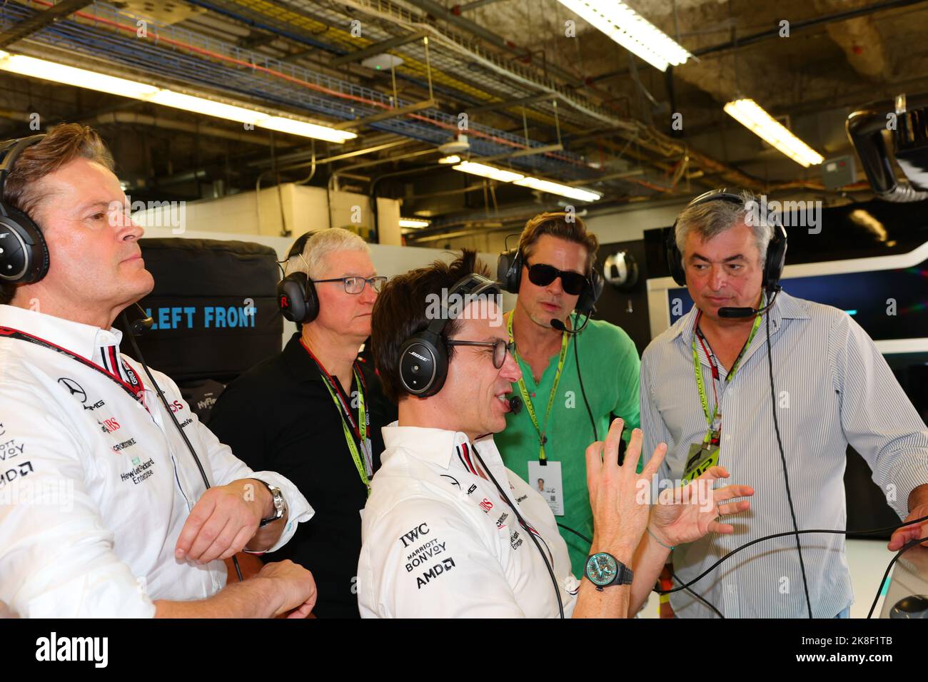 PITT Brad, actor, in the Mercedes AMG F1 Team garage with WOLFF Toto ...