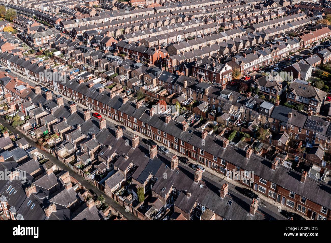 Aerial view of old terraced houses on back to back streets in the ...