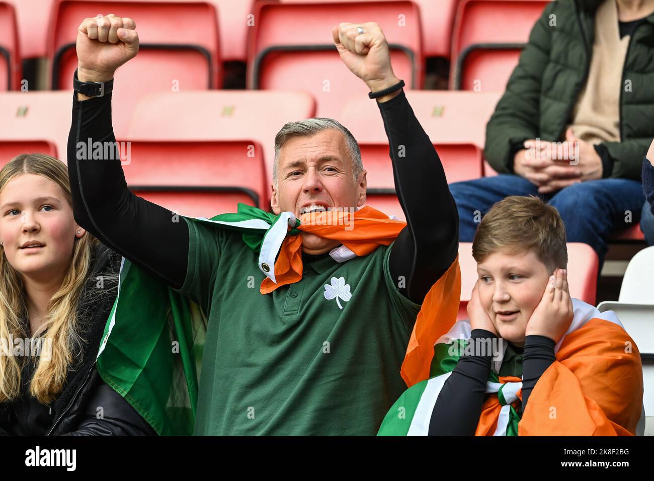 An Ireland fan celebrates his teams try during the Rugby League World ...