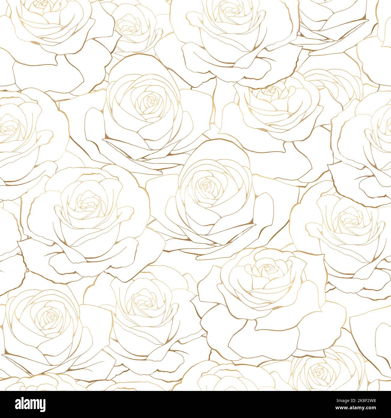 Vector seamless pattern. Golden wire outline rose flowers on white ...