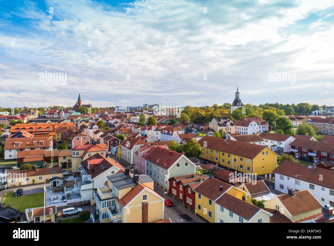 Aerial view of the old city of Västervik in summer, Västervik, Kalmar ...
