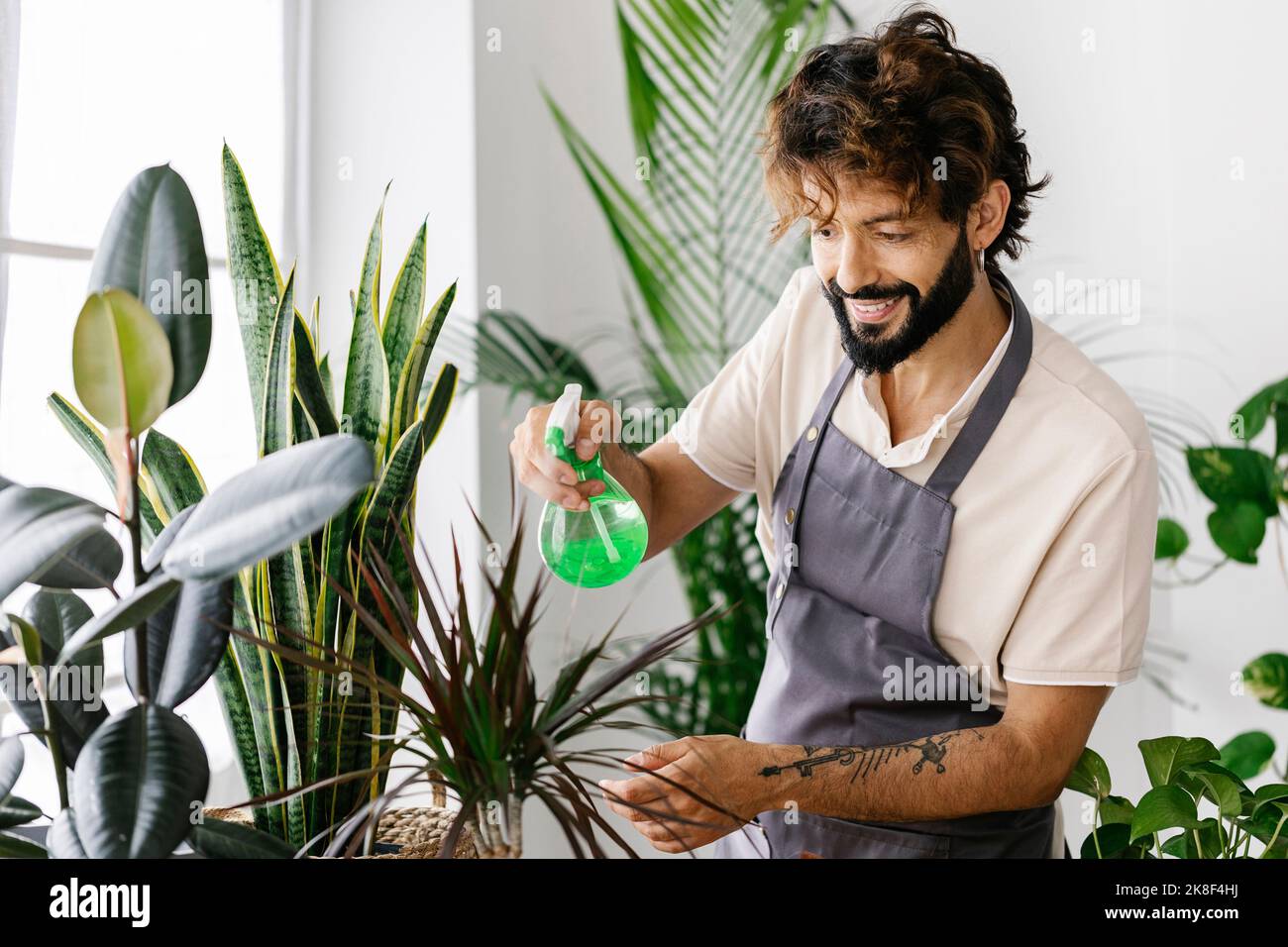 Happy man spraying water on plant at shop Stock Photo - Alamy
