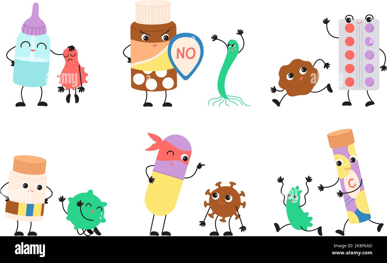 Cartoon pills and viruses scenes. Antibiotics fight with infection ...