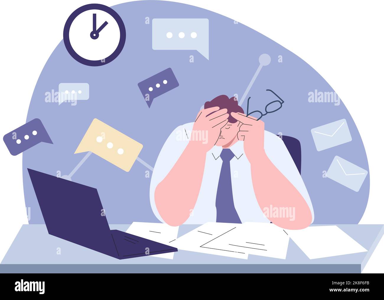Tired office man at desk in info noise. Messages and email, diverse ...