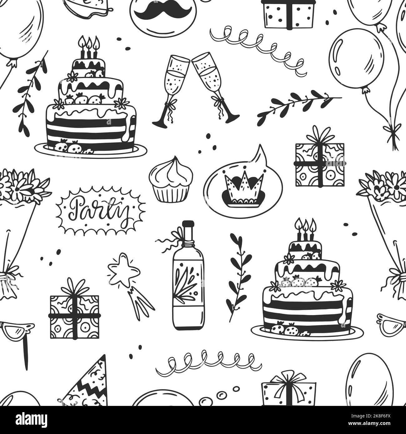 Doodle birthday party seamless pattern. Anniversary celebrate sketch ...