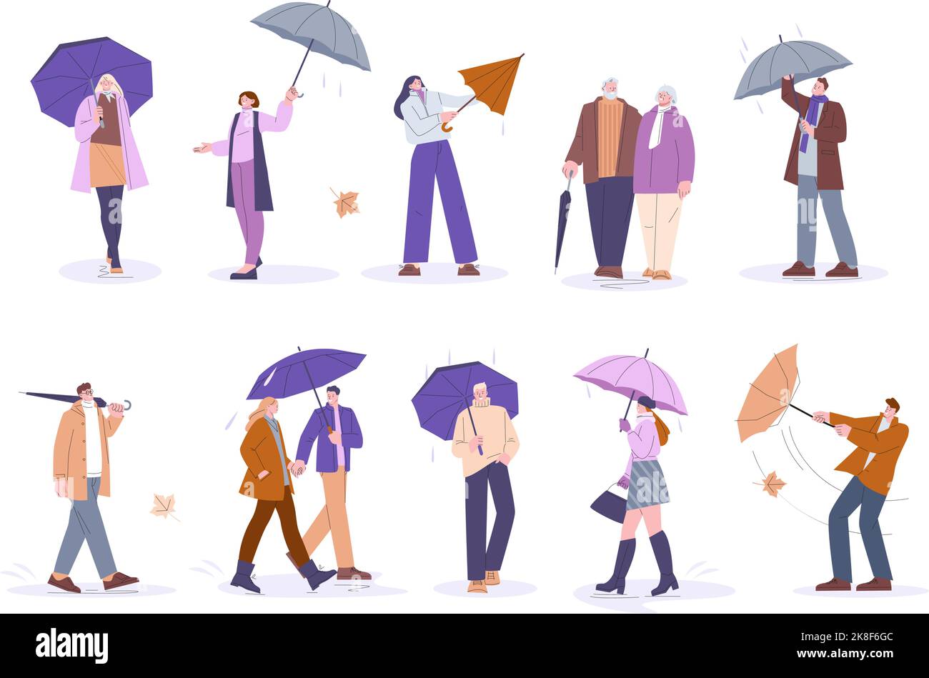 People crowd with umbrellas walking under rain. Flat female in raincoat, couple walk in rainy ...