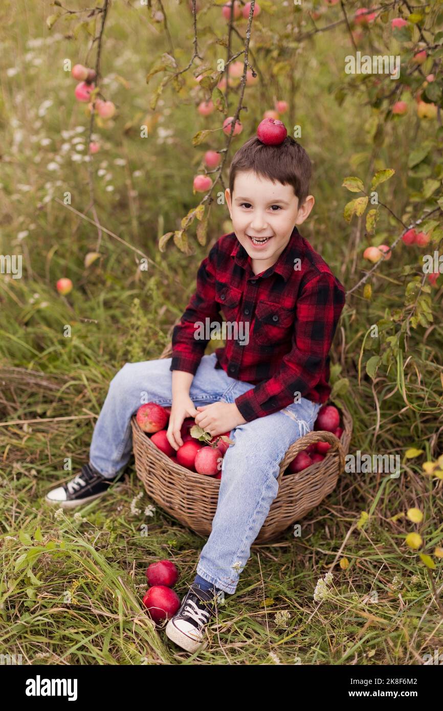 Boy eating apple on farm hi-res stock photography and images - Alamy