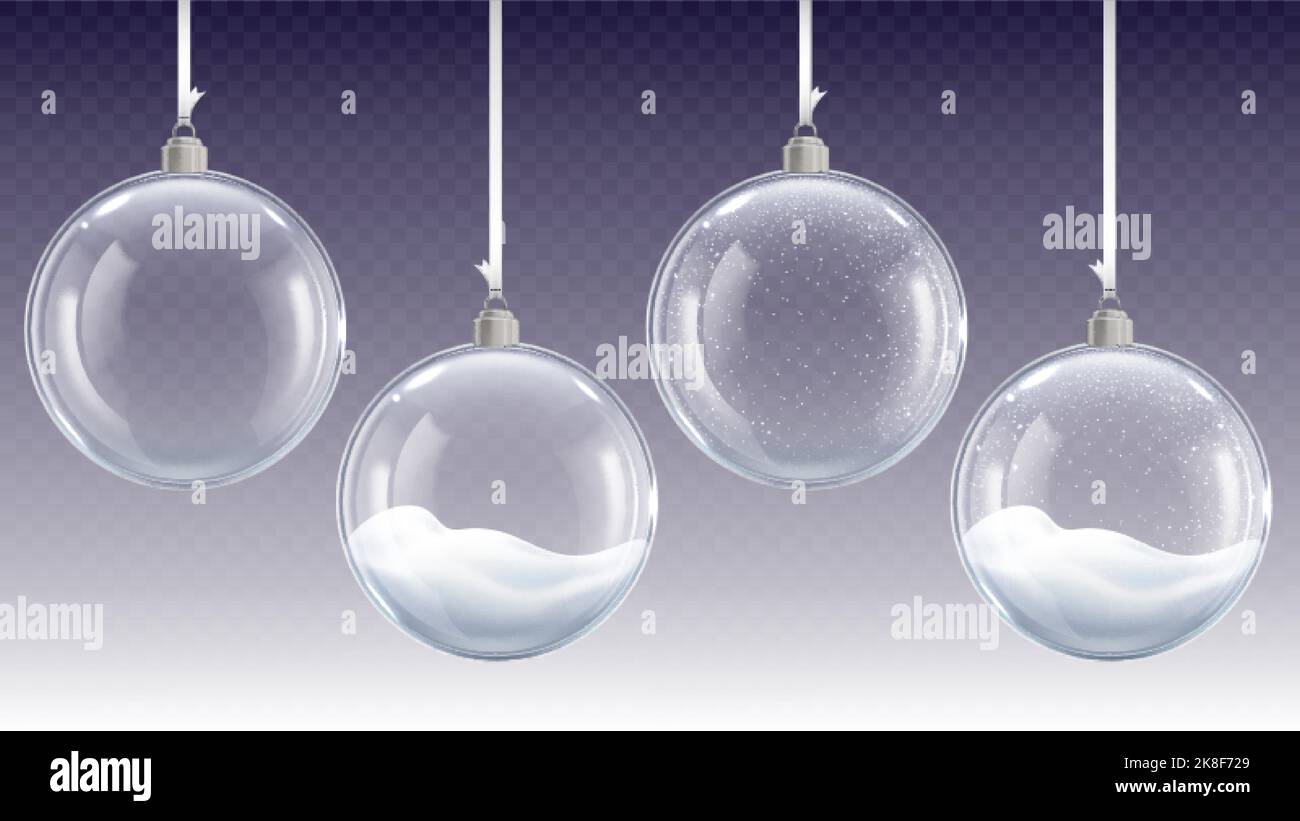 Realistic glass christmas balls hanging on ribbons. Winter crystal xmas ...