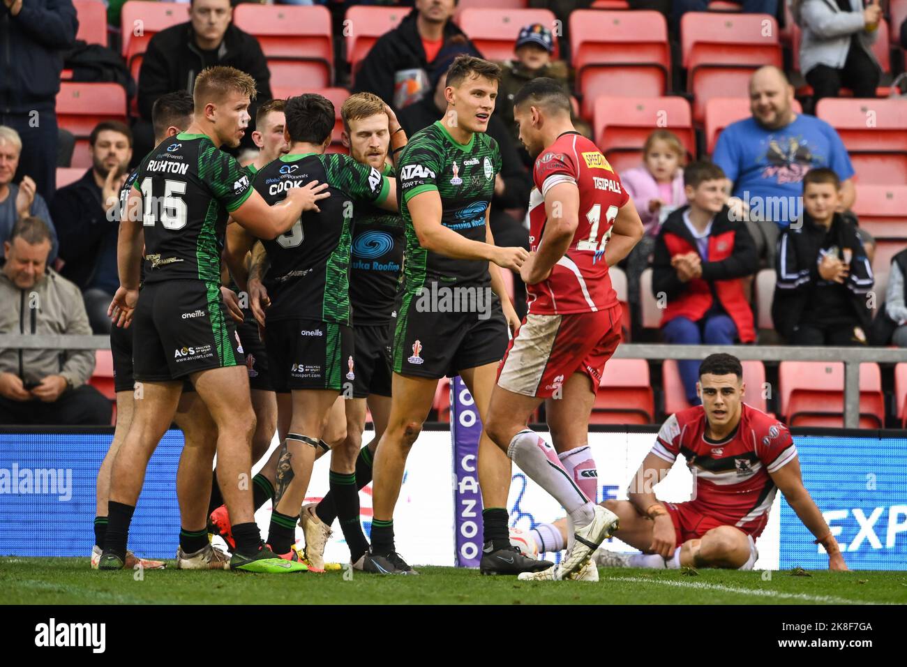 Louis Senior of Ireland celebrates his try during the Rugby League ...