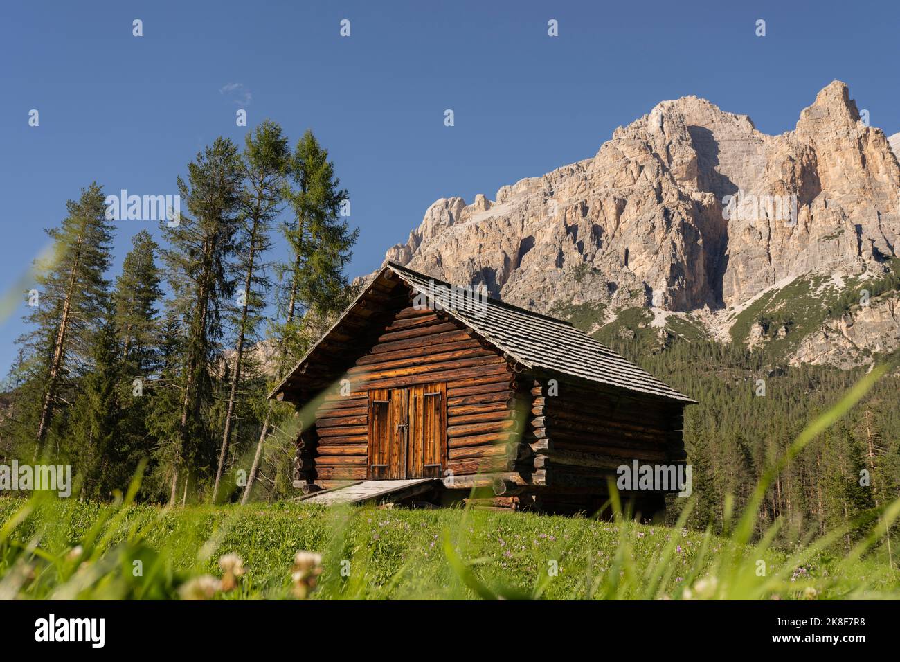 Log cabin in front of rock mountain, Dolomites, Italy Stock Photo - Alamy