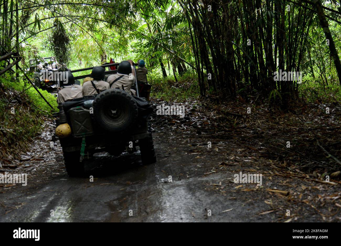 Local tourists ride off-road jeep at a road in the slope of Merapi ...
