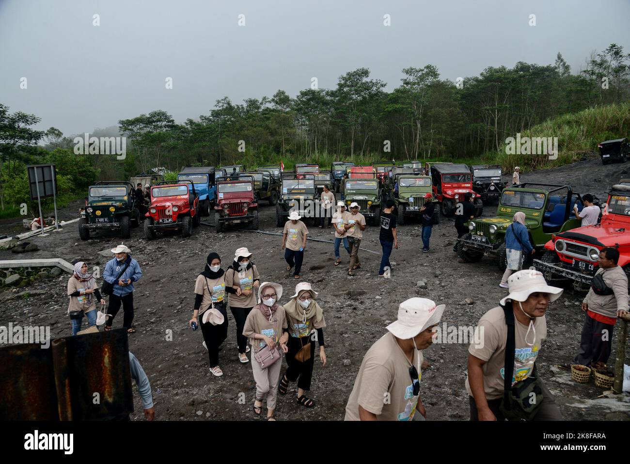 Local tourists during visit at Bunker Kaliadem in the slope of Merapi ...