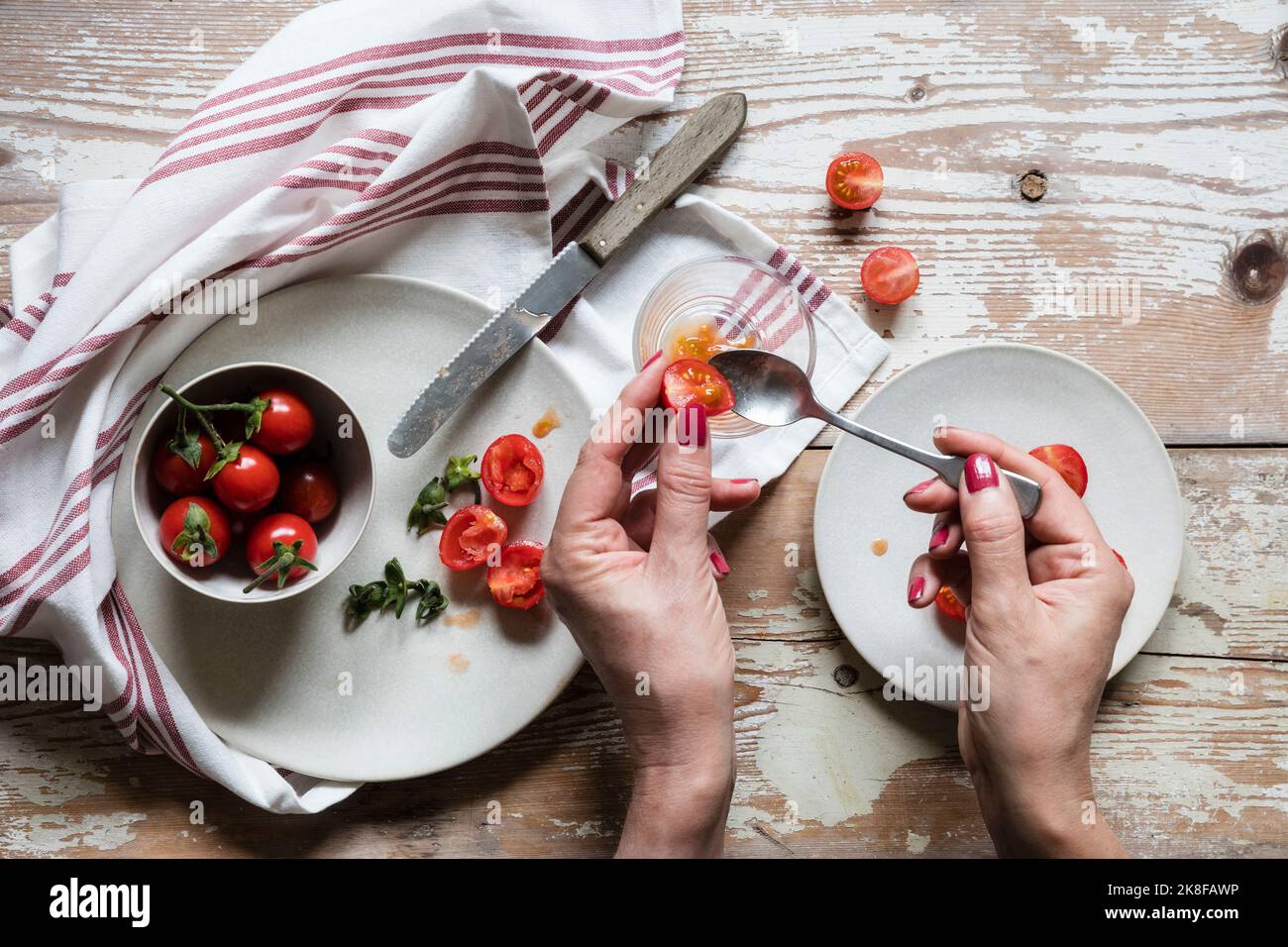 Hands of woman removing seeds from fresh homegrown tomatoes Stock Photo ...