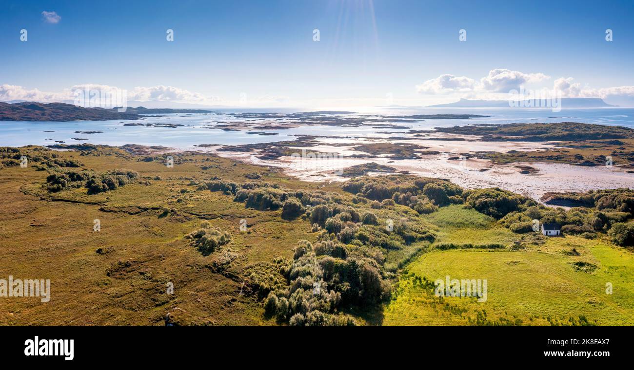 Aerial view of Arisaig, with Isles of Eigg and Rum, Scotland Stock ...