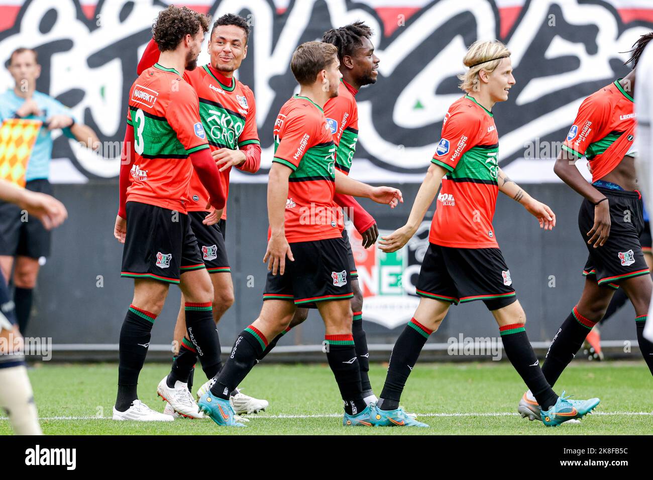 NIJMEGEN, NETHERLANDS - OCTOBER 23: Ilias Bronkhorst of N.E.C., Bart van Rooij of N.E.C ...