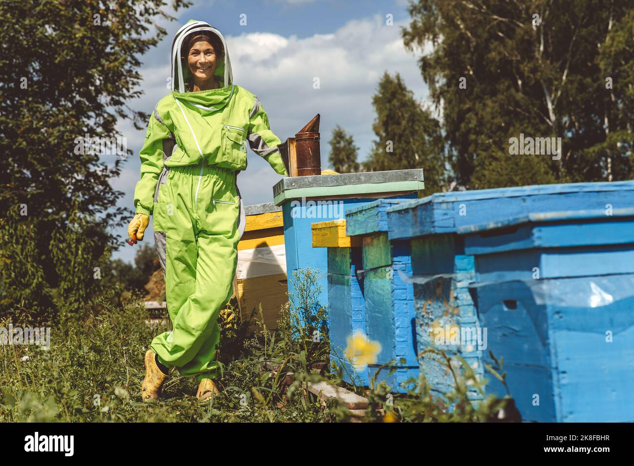 Happy beekeeper with bee smoker standing by wooden boxes on sunny day ...