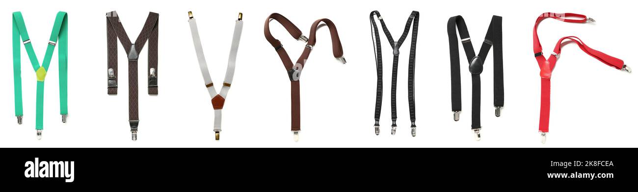 Set of suspenders on white background Stock Photo - Alamy
