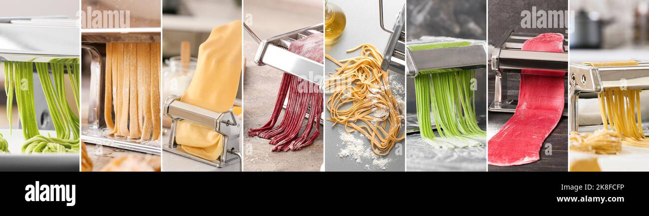 Collage with many pasta machines and dough Stock Photo - Alamy