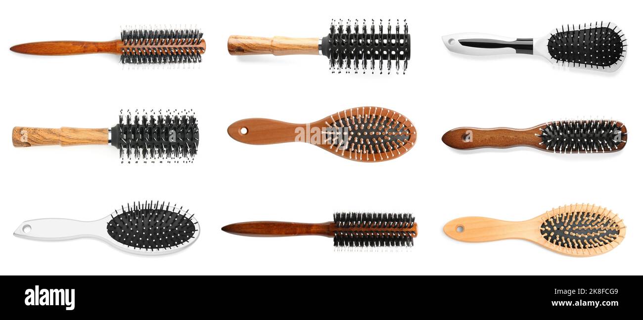 Set of different hair brushes isolated on white Stock Photo - Alamy