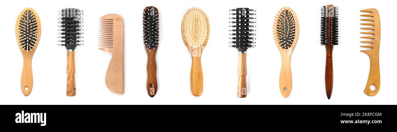 Set of different hair brushes and combs isolated on white Stock Photo ...