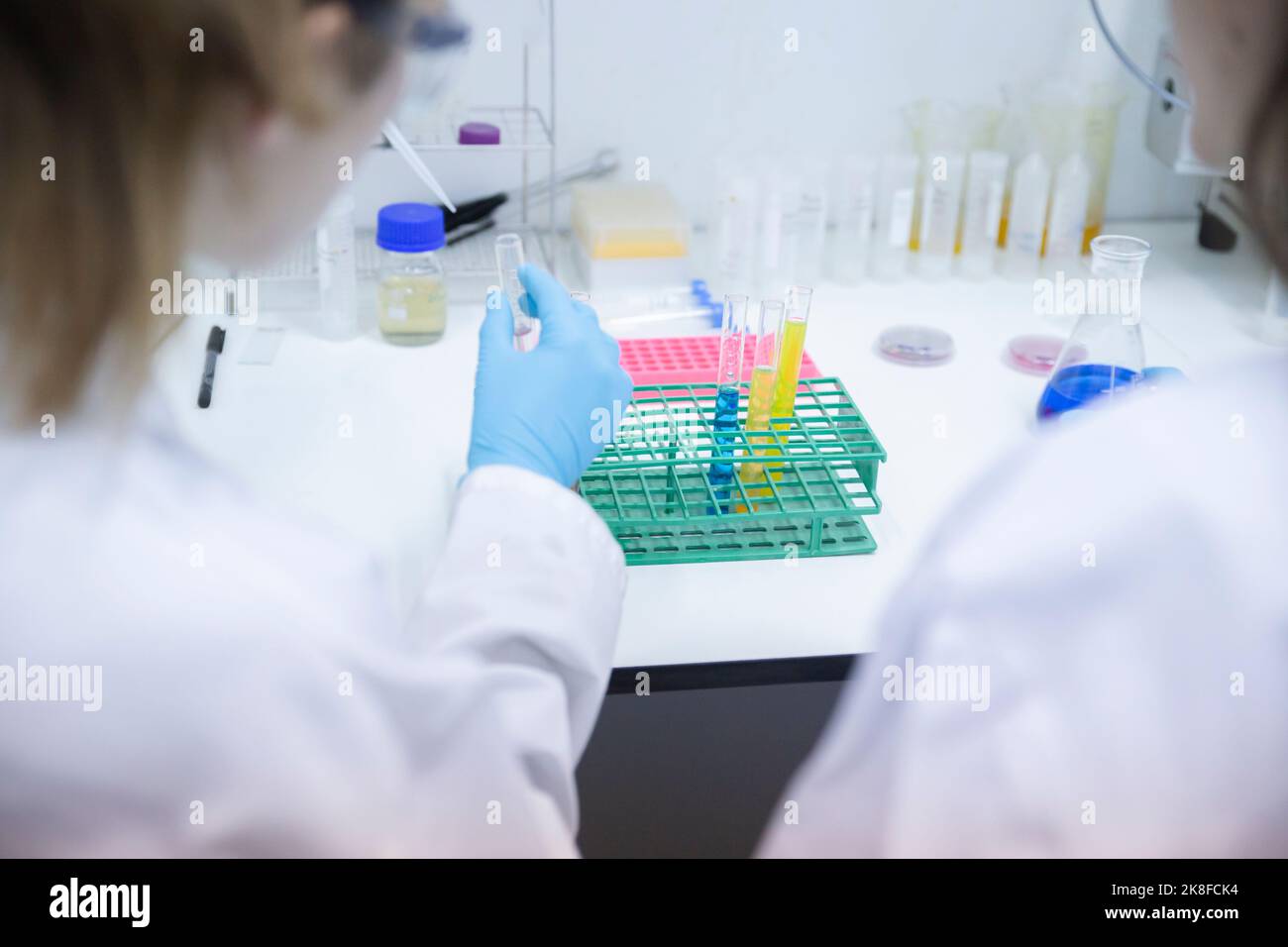Scientist using pipette by coworker in laboratory Stock Photo - Alamy