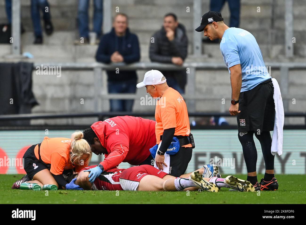 Jacob Kiraz of Lebanon receives treatment during the Rugby League World ...
