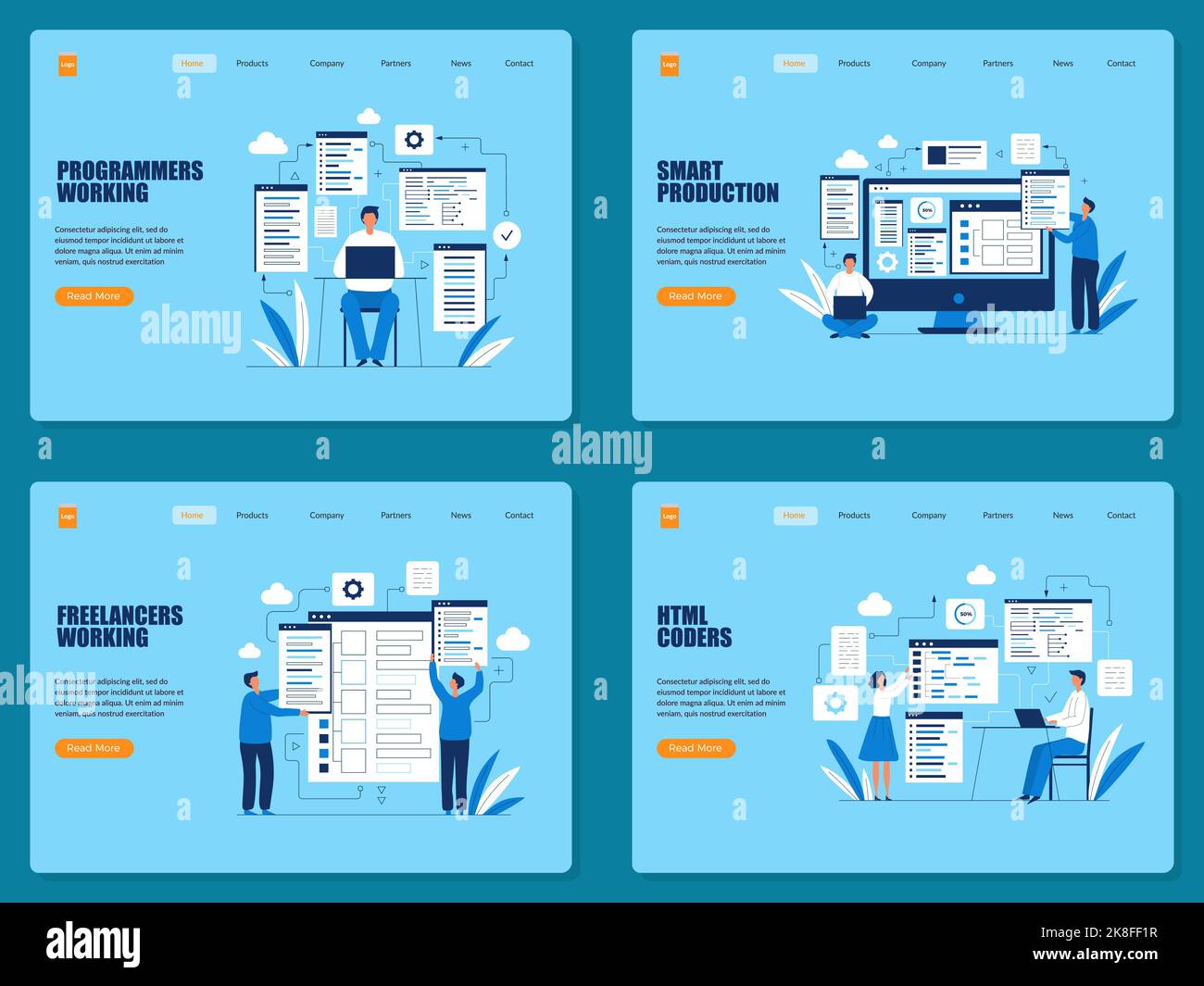 Codders landing. freelance workers making programming code smart industry characters designers ...