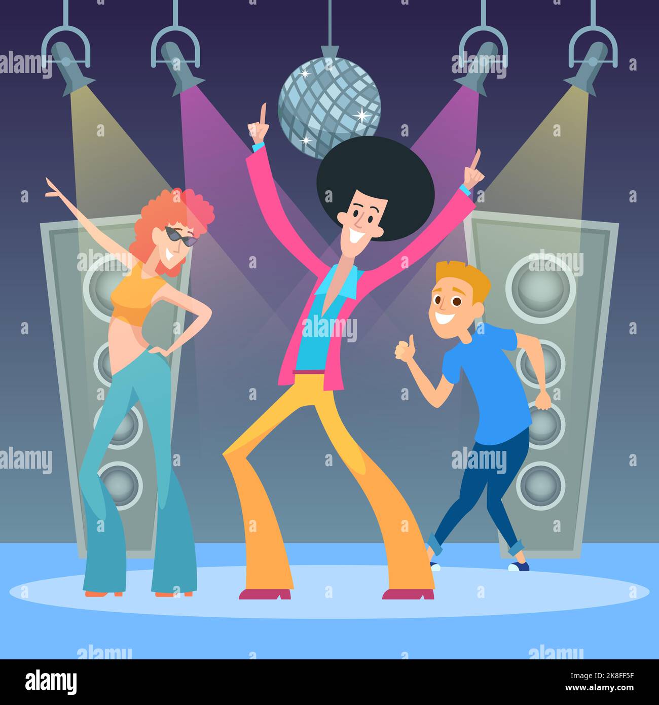 Dance party background. funny characters dancing on party stage. Vector ...