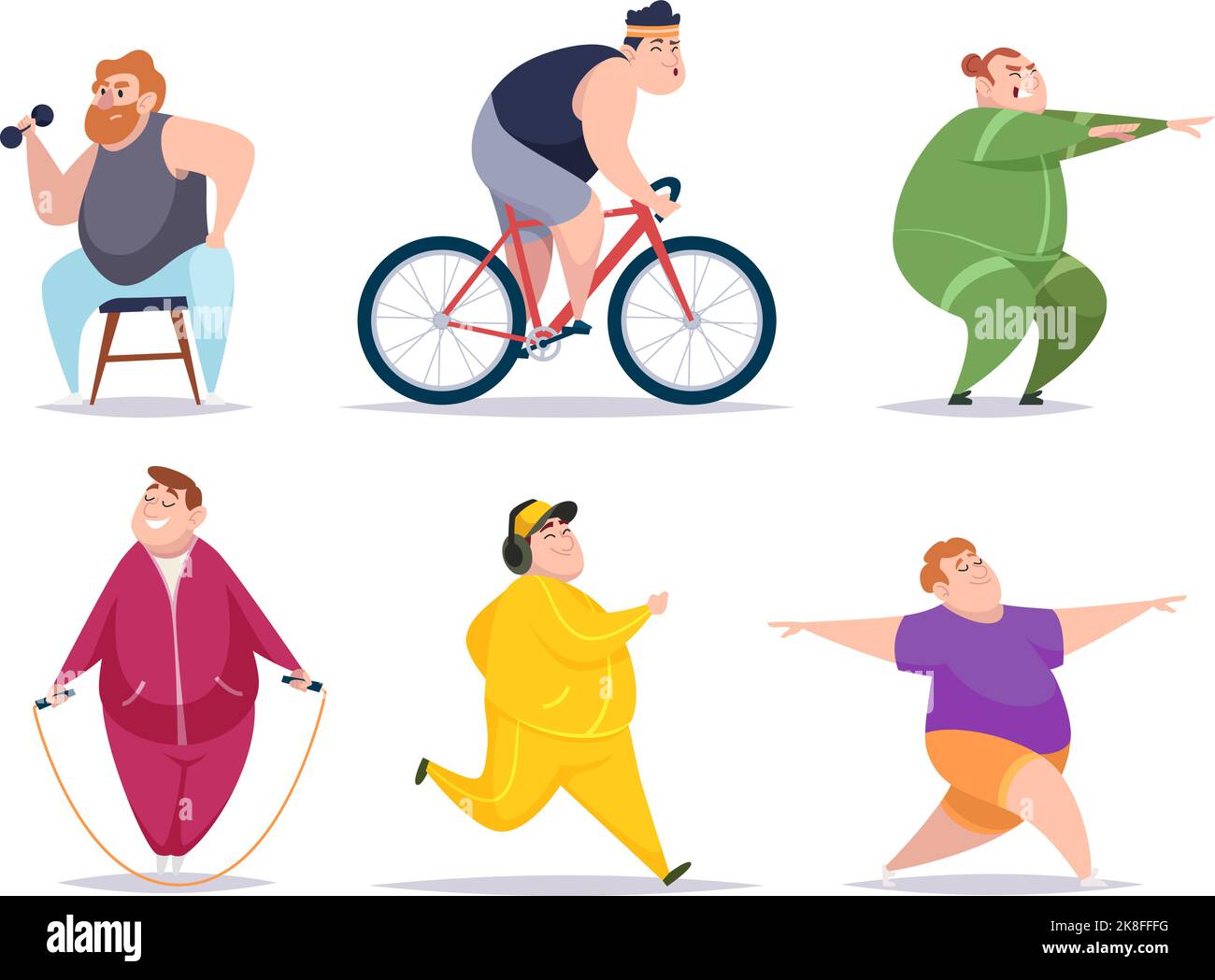 Fat people. Funny active characters making sport exercises workout ...