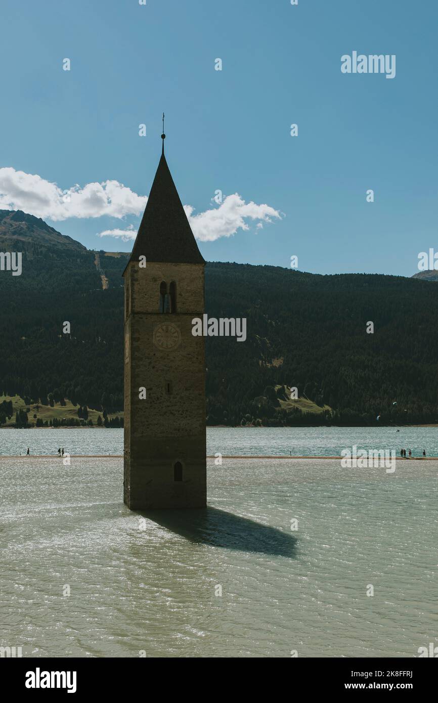 Italy, Trentino-Alto Adige, Bell tower submerged in Lake Reschen Stock ...