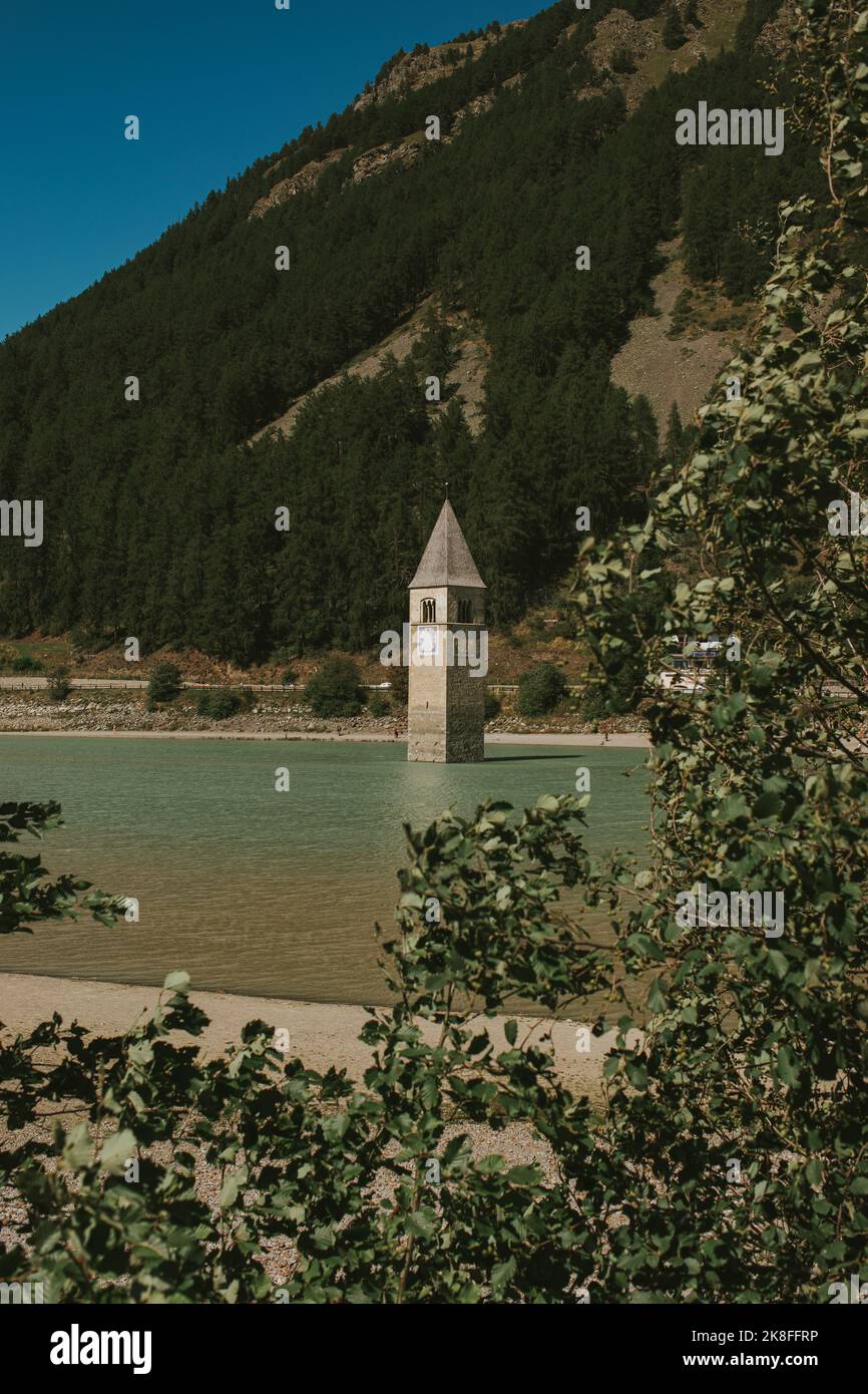 Italy, Trentino-Alto Adige, Bell tower submerged in Lake Reschen Stock ...