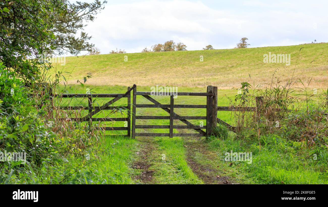 Closed double wooden gates at the end of a farm track Stock Photo - Alamy