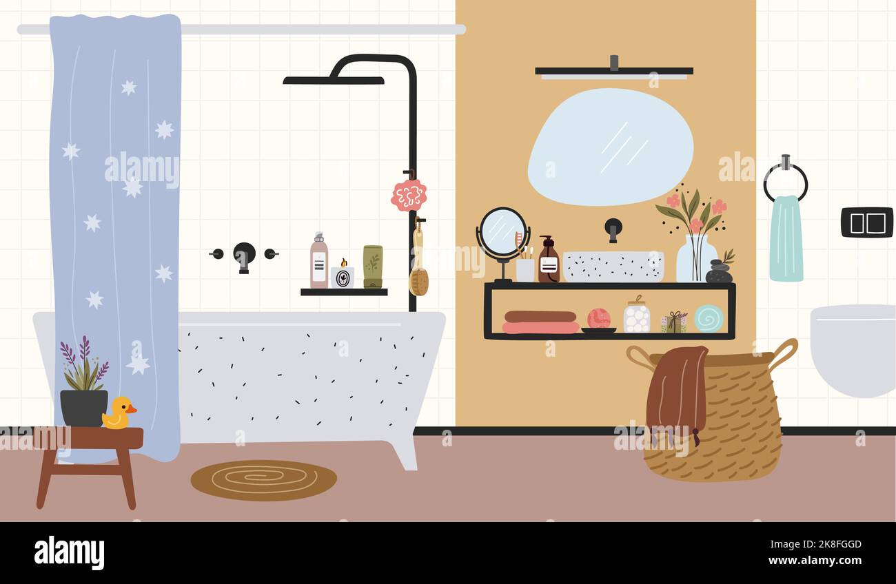 Cartoon bathroom interior. Furniture and plumbing in Scandinavian style ...