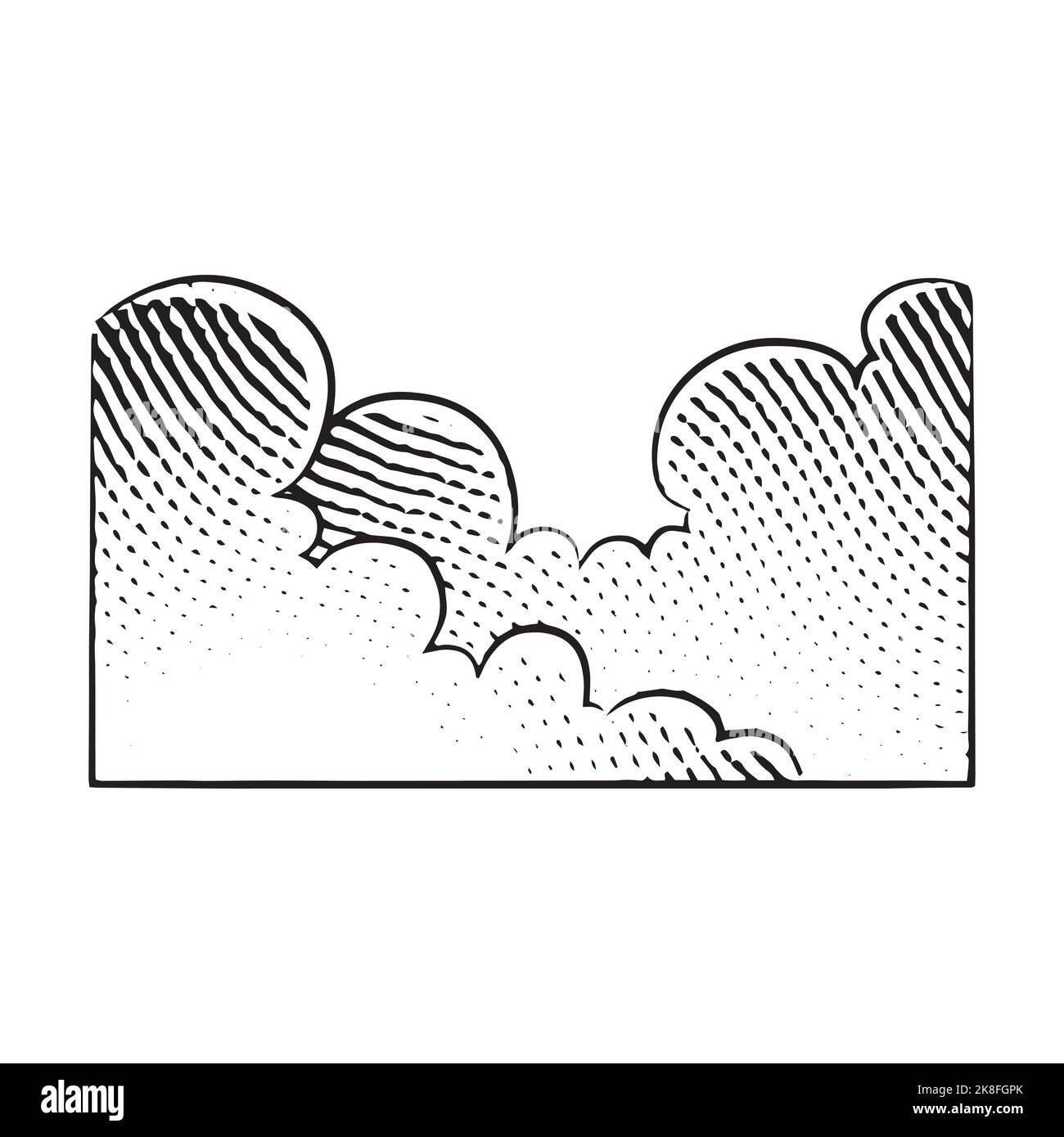 Scratchboard Engraving of Clouds isolated on a White Background Stock ...