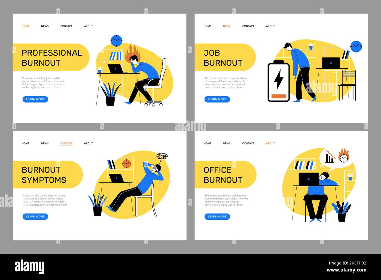 Burnout landing. Tired stressed office managers relax at work recent ...