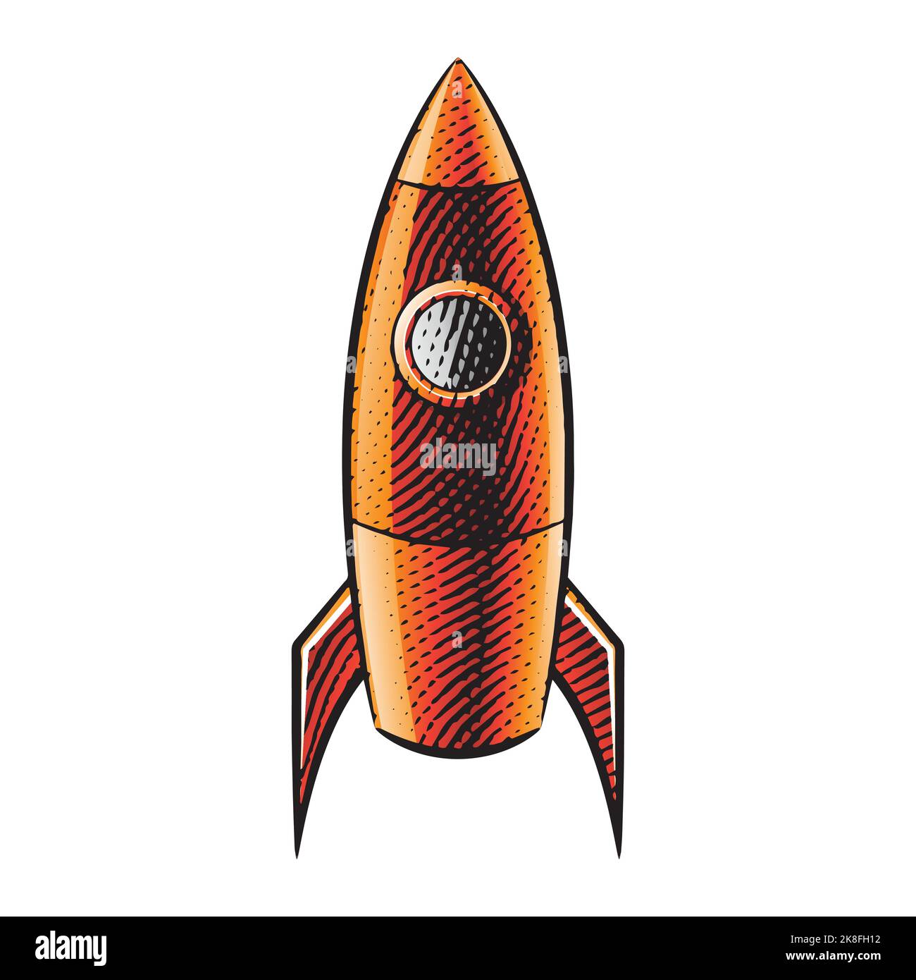 Scratchboard Engraved Illustration of a Rocket with Orange Fill ...