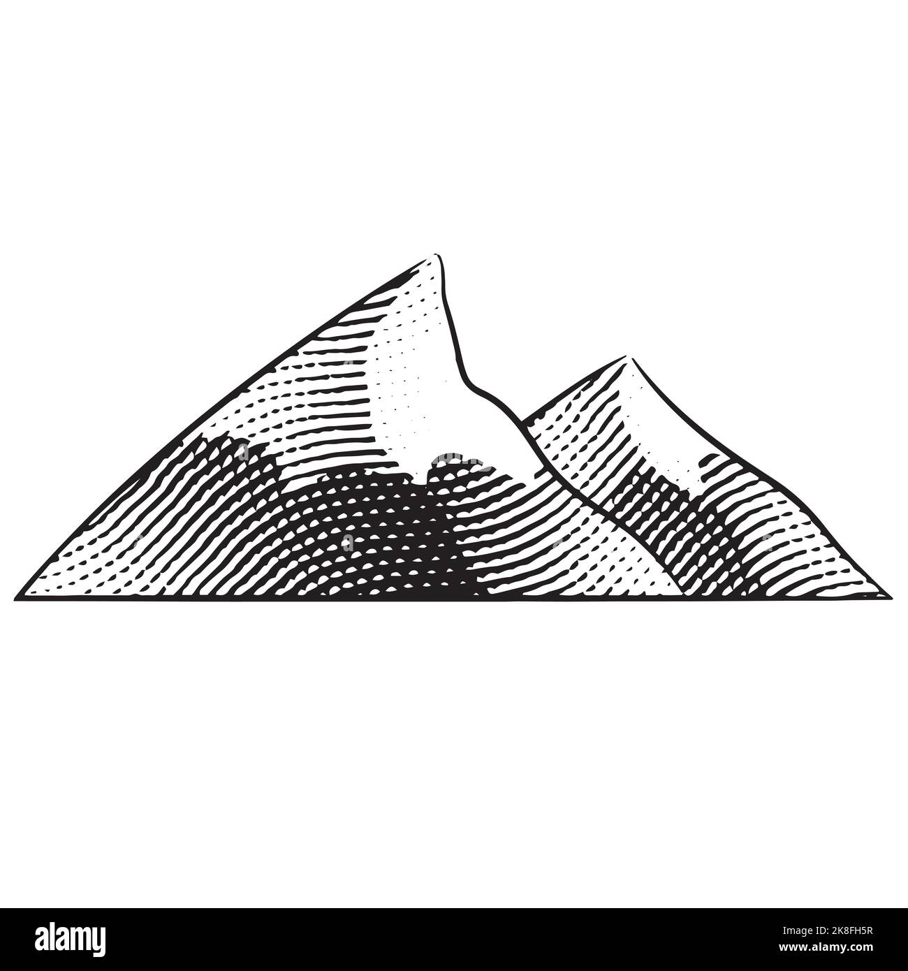 Scratchboard Engraving of Mountains isolated on a White Background ...