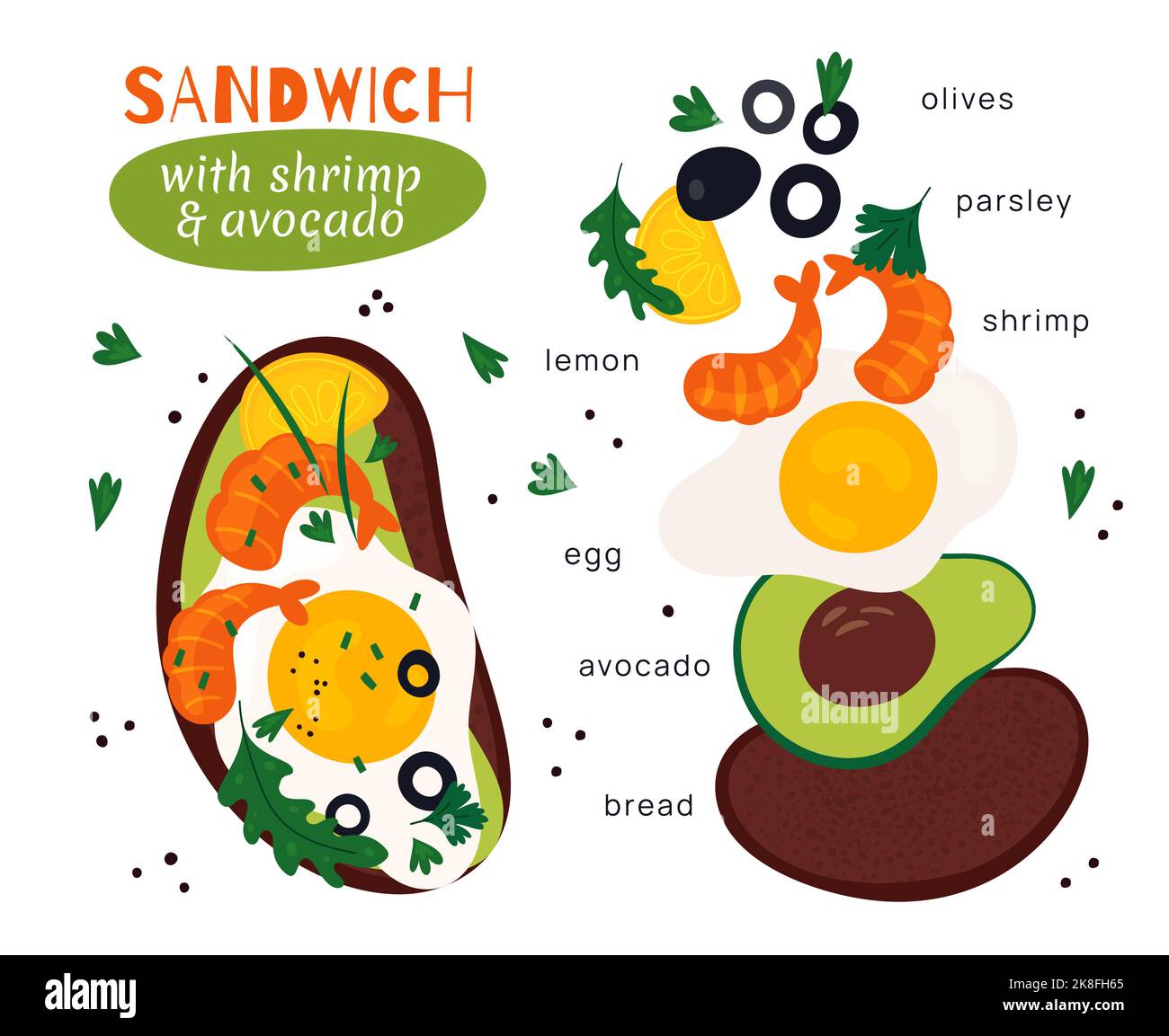 Cartoon sandwich recipe elements. Different tasty ingredients. Avocado ...