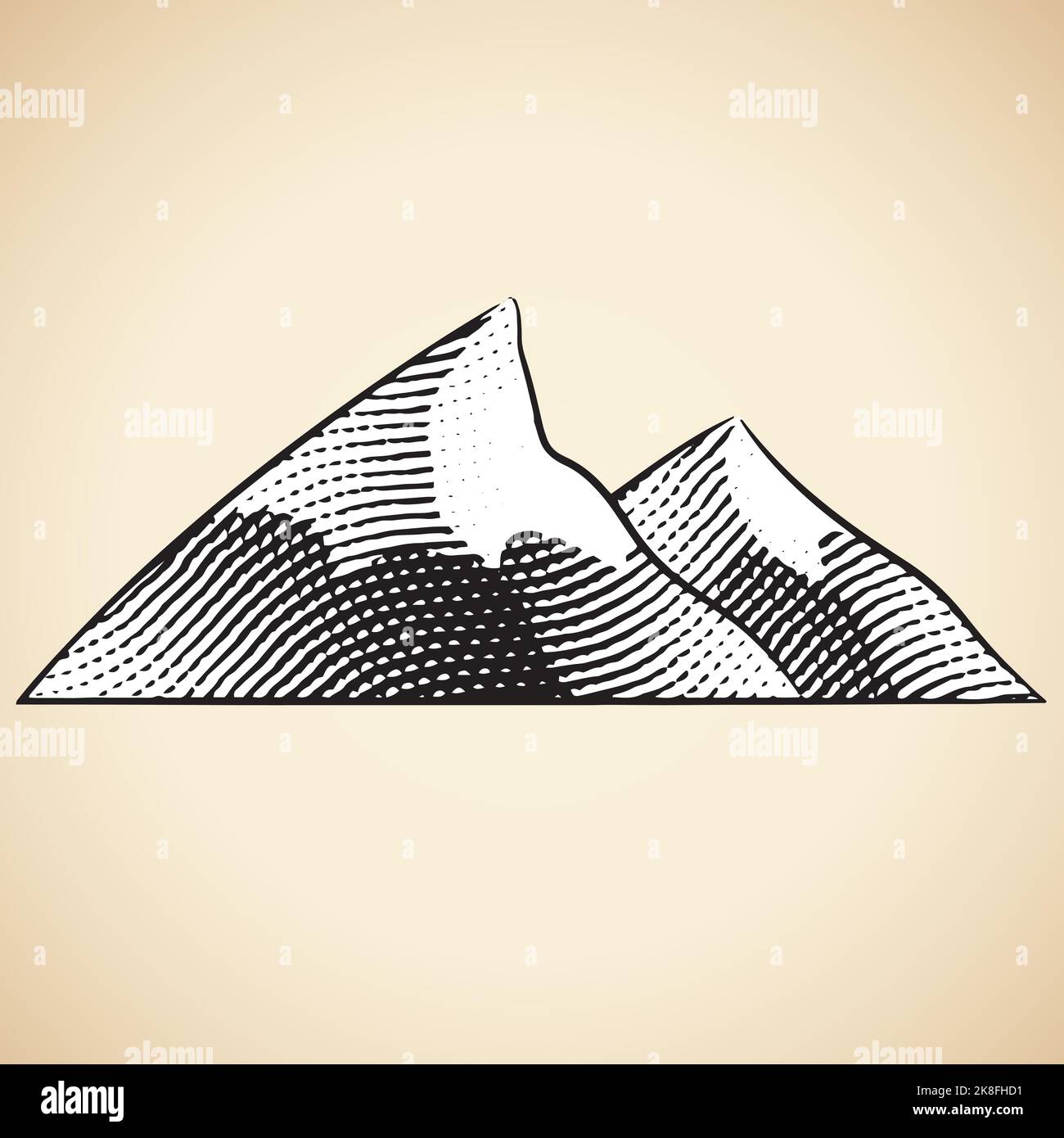 Scratchboard Engraving of Mountains with White Fill isolated on a White ...