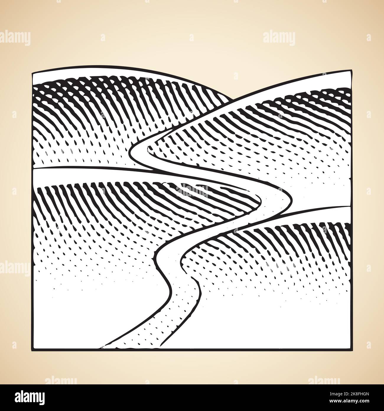 Scratchboard Engraving of Hills and River with White Fill isolated on a ...