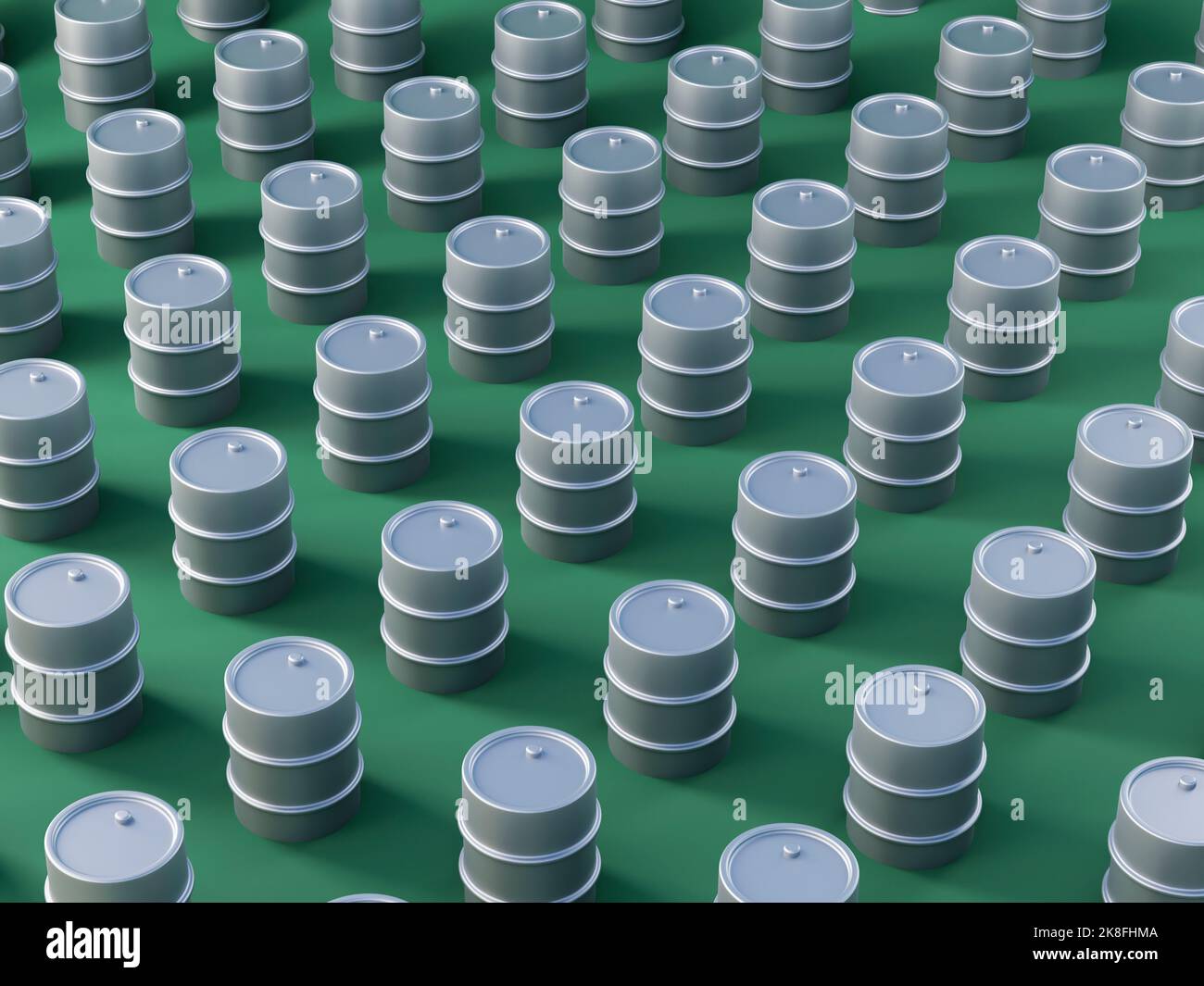 Three dimensional pattern of gray oil drums standing against green ...