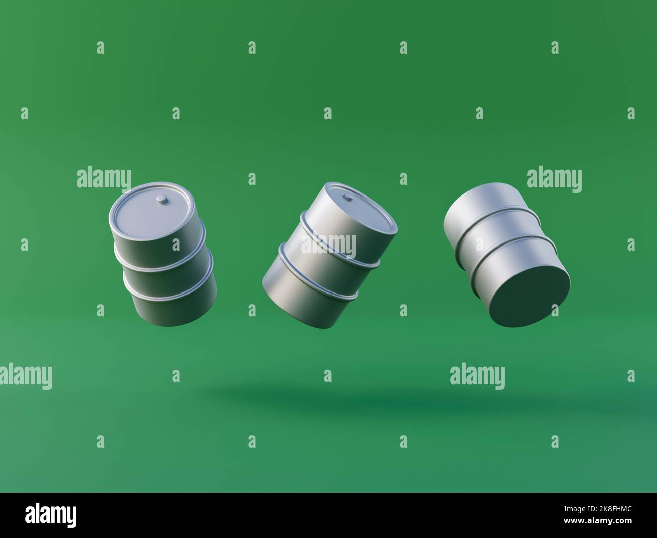 Three dimensional render of oil drums floating against green background ...