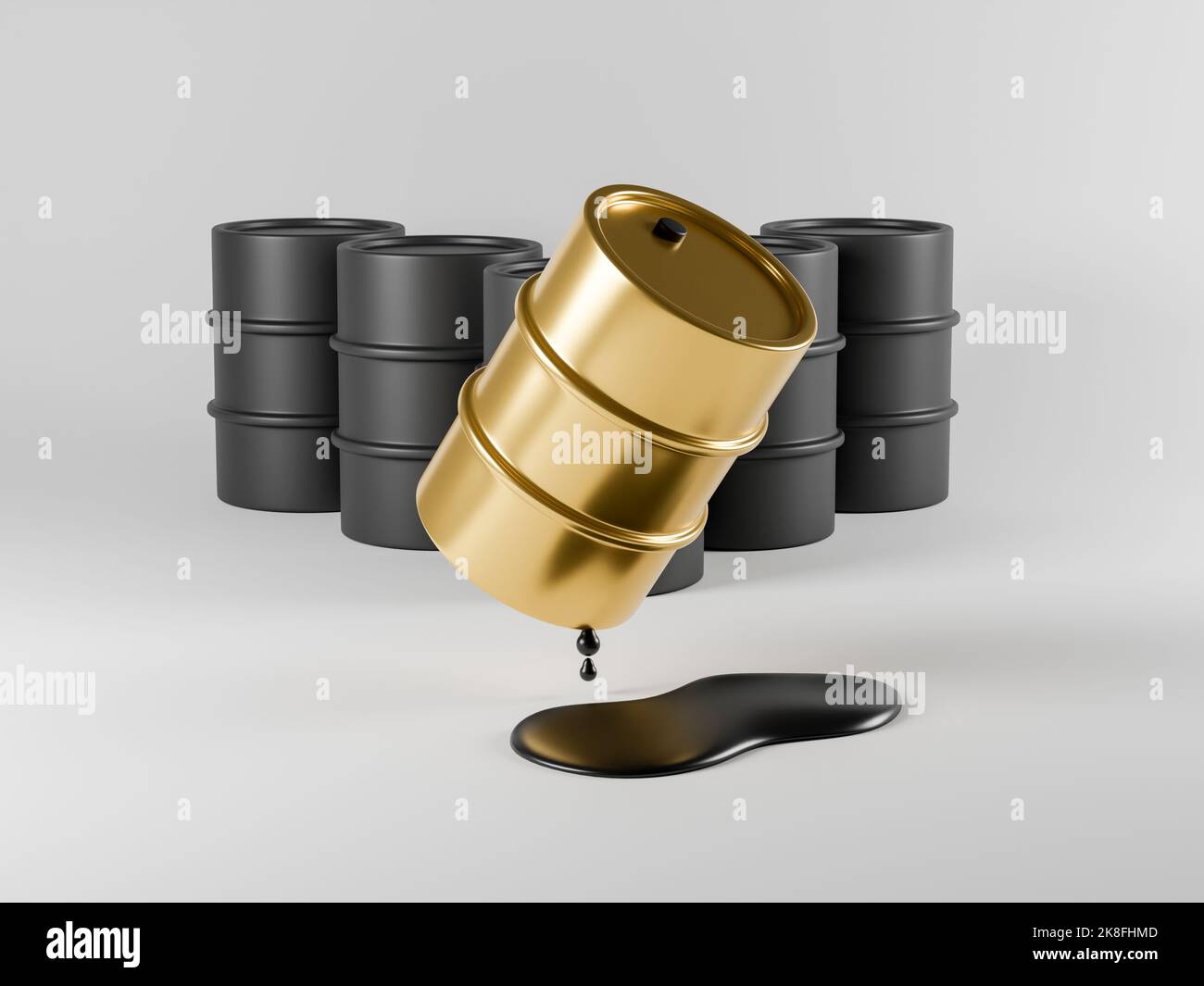 Three dimensional render of gold colored oil drum leaking oil Stock ...