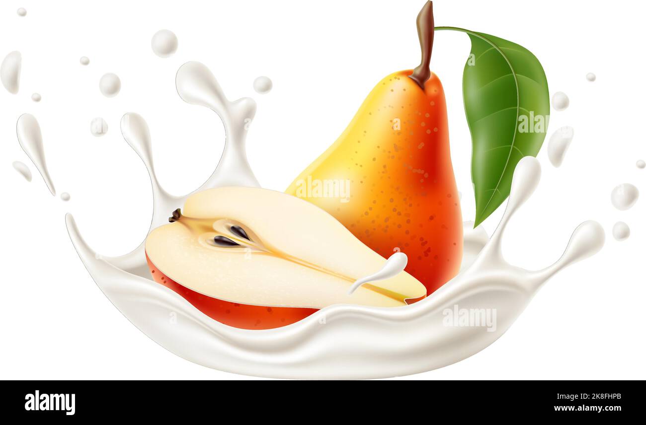 Realistic yogurt fruit splashes. Whole or half juicy pear. Fermented ...