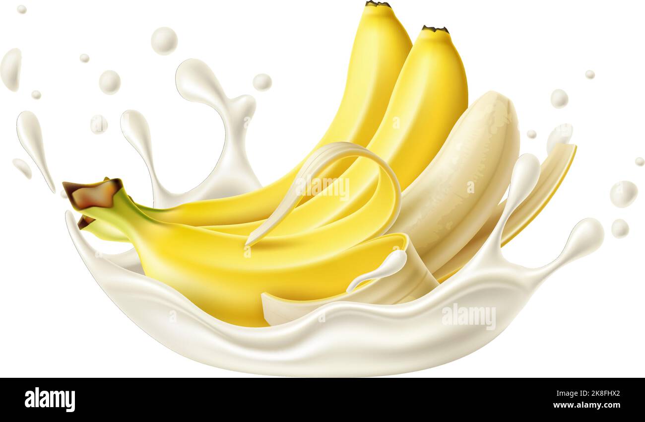 Realistic yogurt fruit splashes. Banana bunch. Fermented milk drops and ...