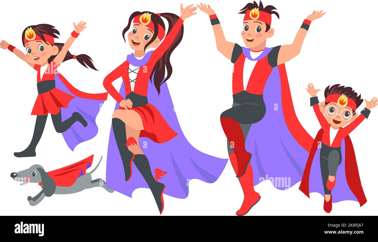 Super hero family. Happy parents with children and pets in colorful ...