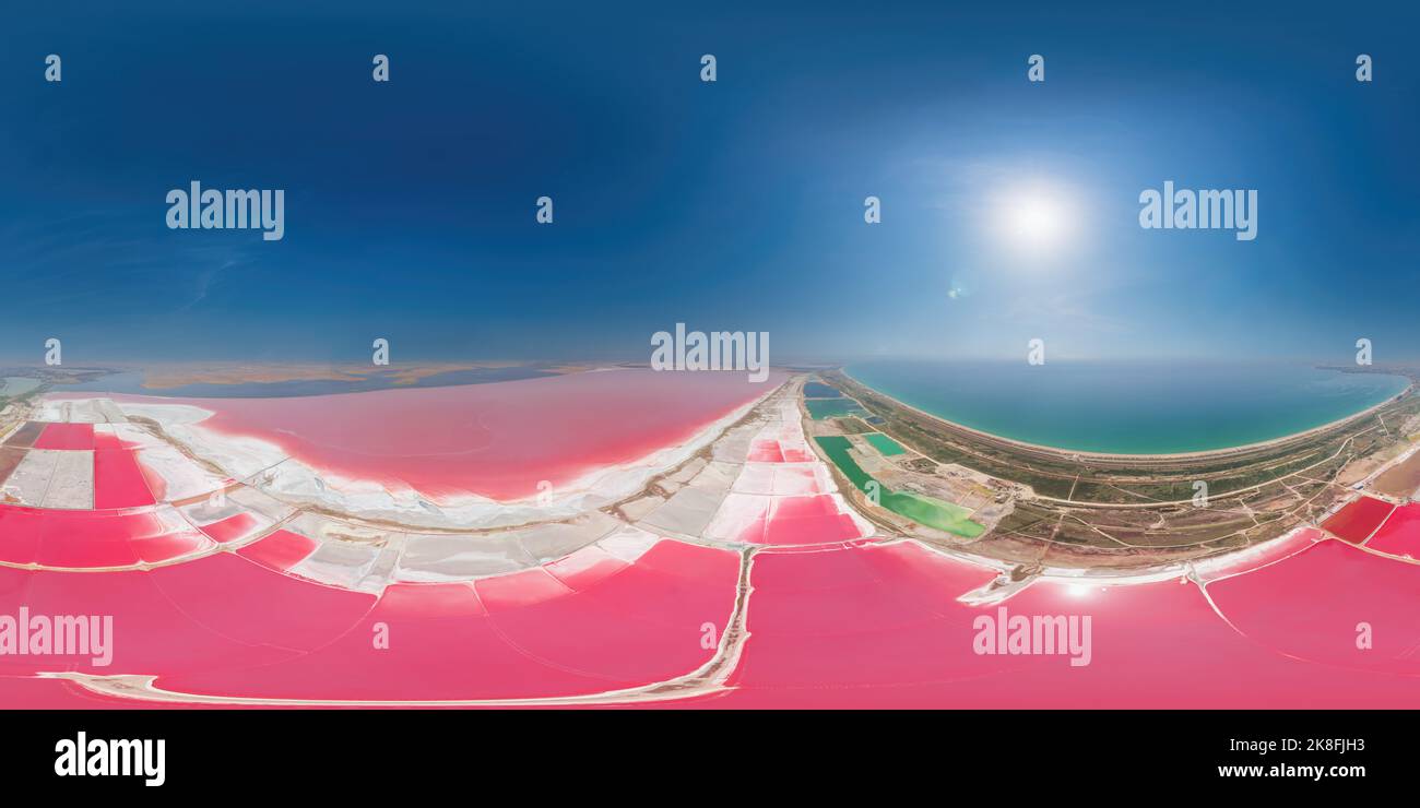 Pink salt lake bright lagoons. Aerial Seamless 360 degree spherical ...