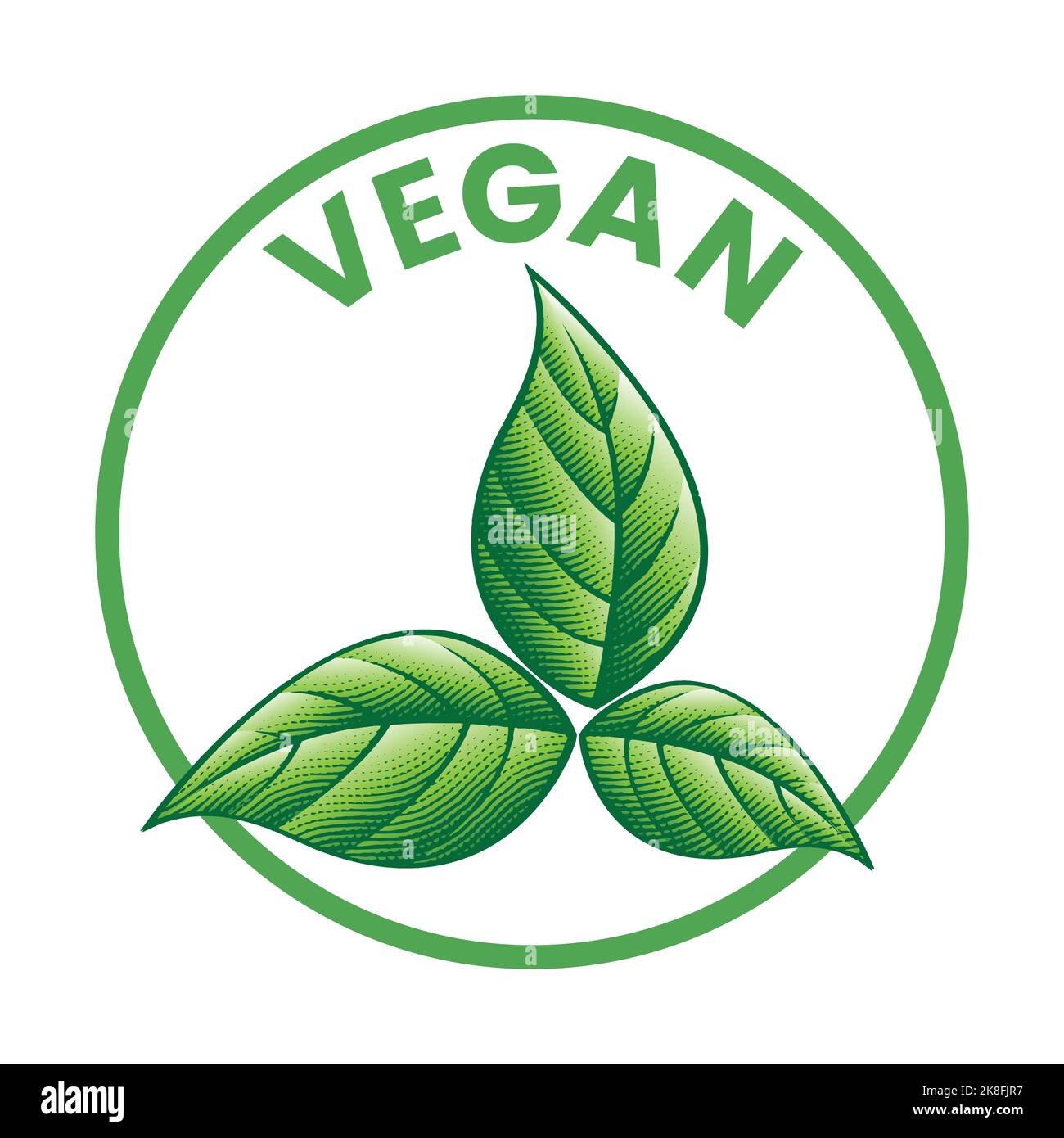 Vegan Round Icon with 3 Shaded Engraved Green Leaves isolated on a ...