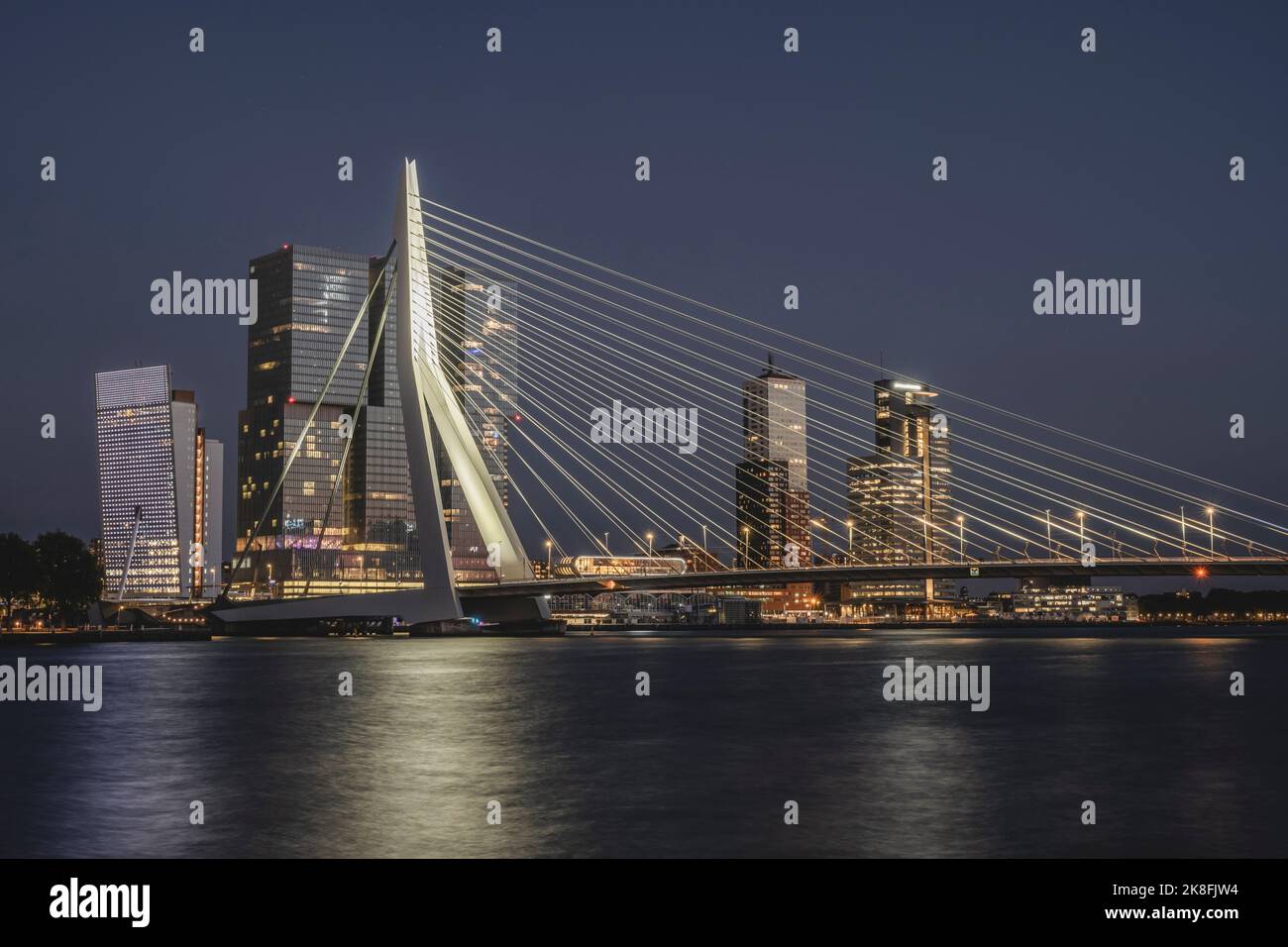 Netherlands, South Holland, Rotterdam, Erasmus Bridge at night Stock ...